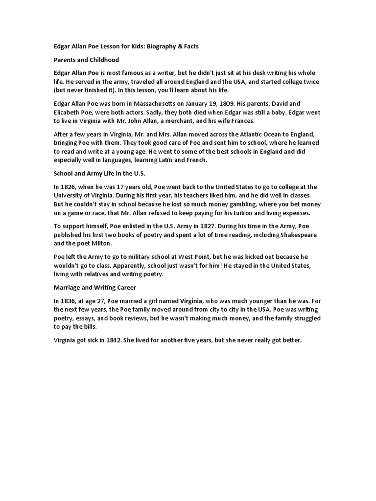Edgar Allan Poe Lesson For Kids | PDF