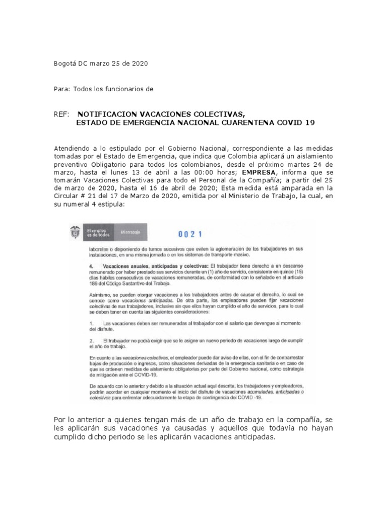Notificación de Vacaciones Colectivas | PDF | Colombia | Gobierno