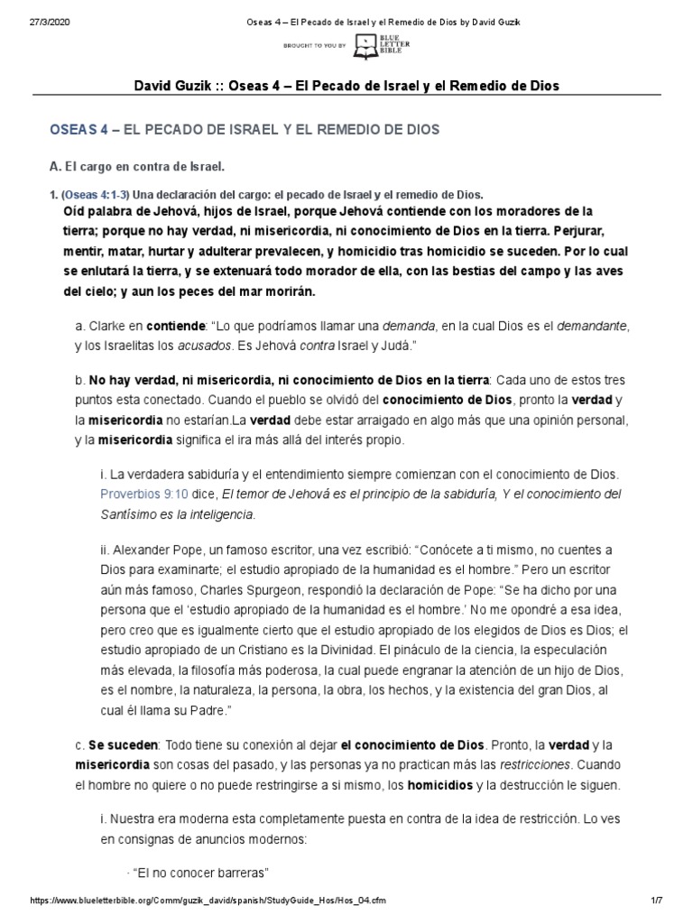 Oseas 4 El Pecado De Israel Y El Remedio De Dios By David Guzik Pdf