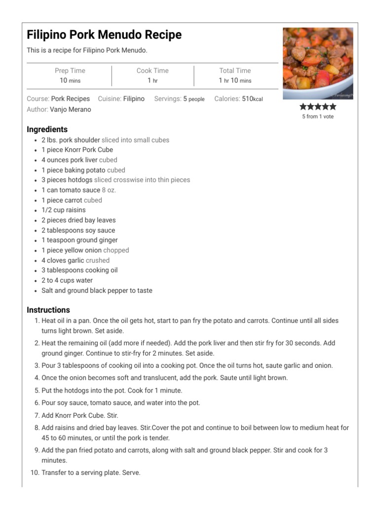 Filipino Pork Menudo Recipe - Panlasang Pinoy | PDF