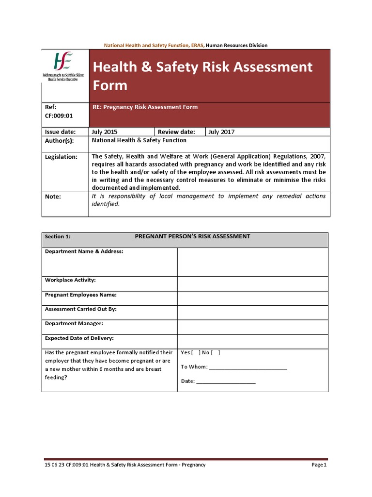 Pregnancy Risk Assessment Forms HSEJuly 2015 PDF | PDF | Occupational ...