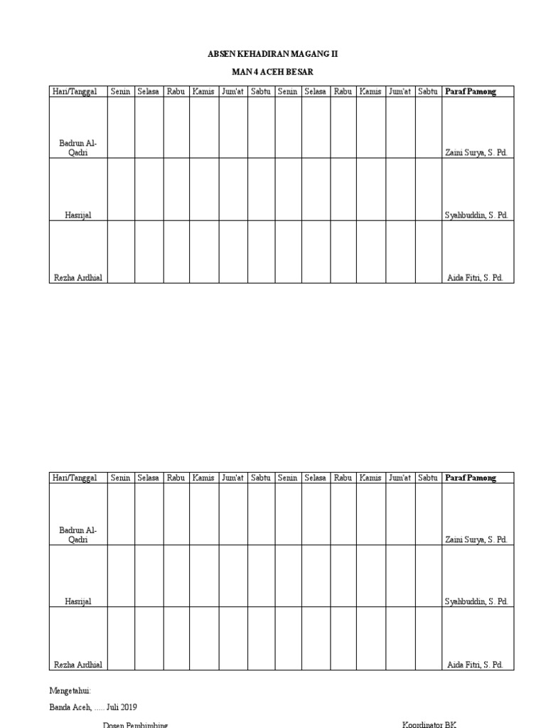 Contoh Absen Kehadiran Magang | PDF