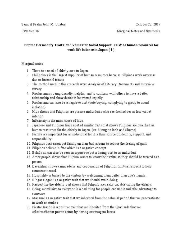 Filipino Personality Synthesis | PDF | Philippines | Psychological Concepts
