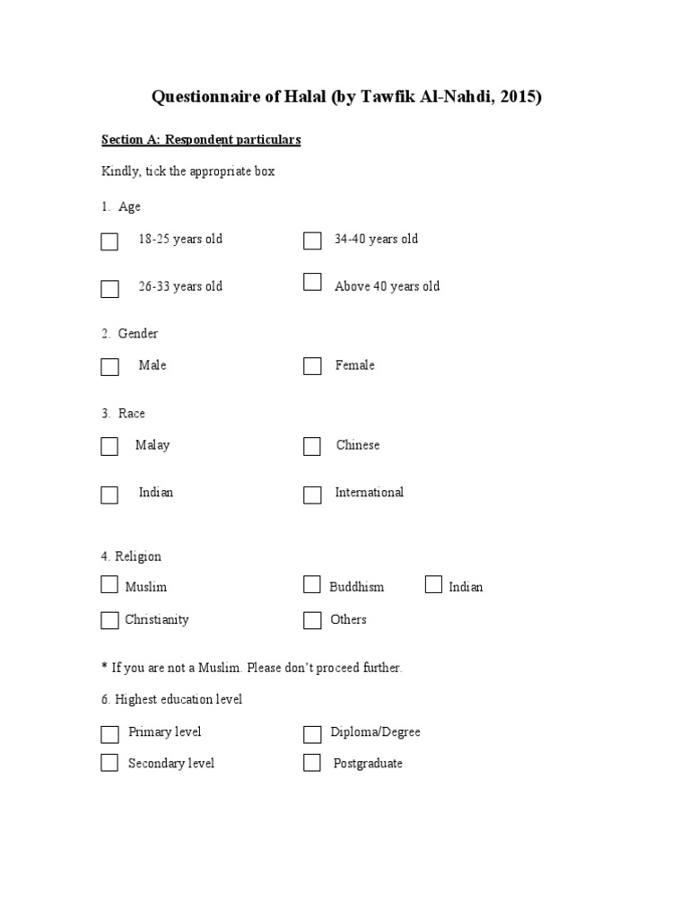Questionnaire of Halal | PDF | Foods | Psychological Concepts