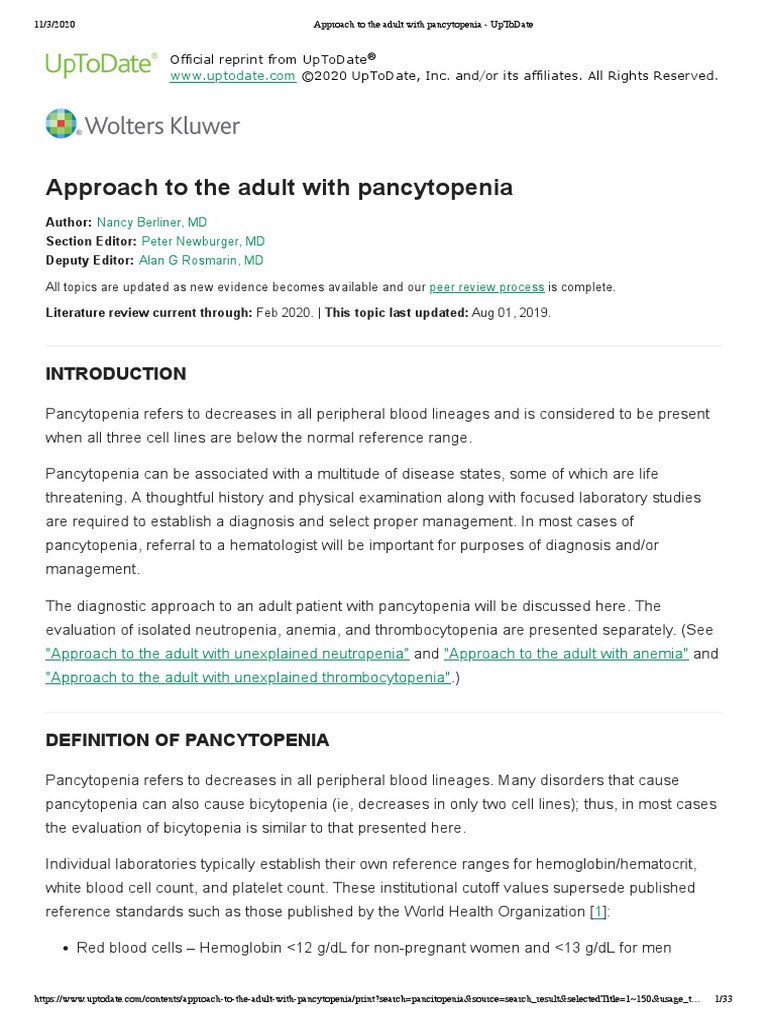 Approach To The Adult With Pancytopenia - UpToDate | PDF