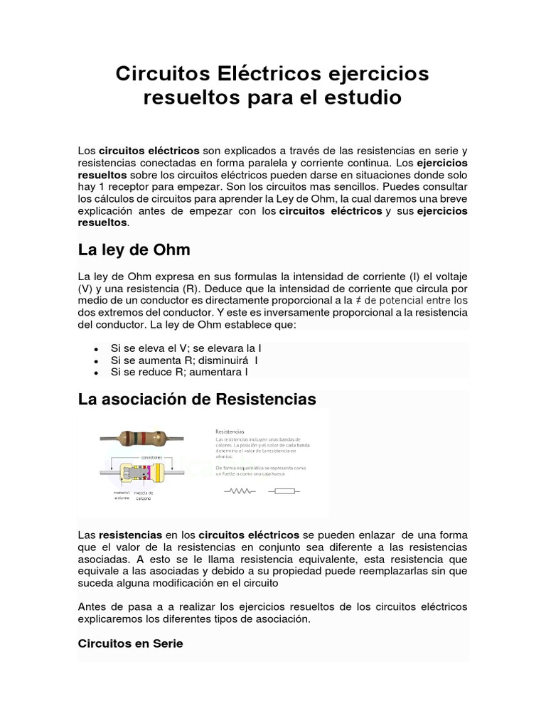 Circuitos Eléctricos Ejercicios Resueltos para El Estudio | PDF | Resistencia Eléctrica y ...