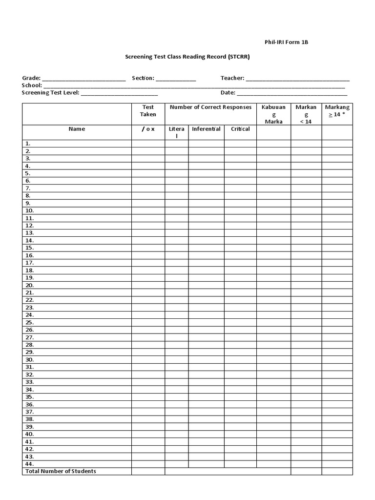 Screening Test Class Reading Record | PDF