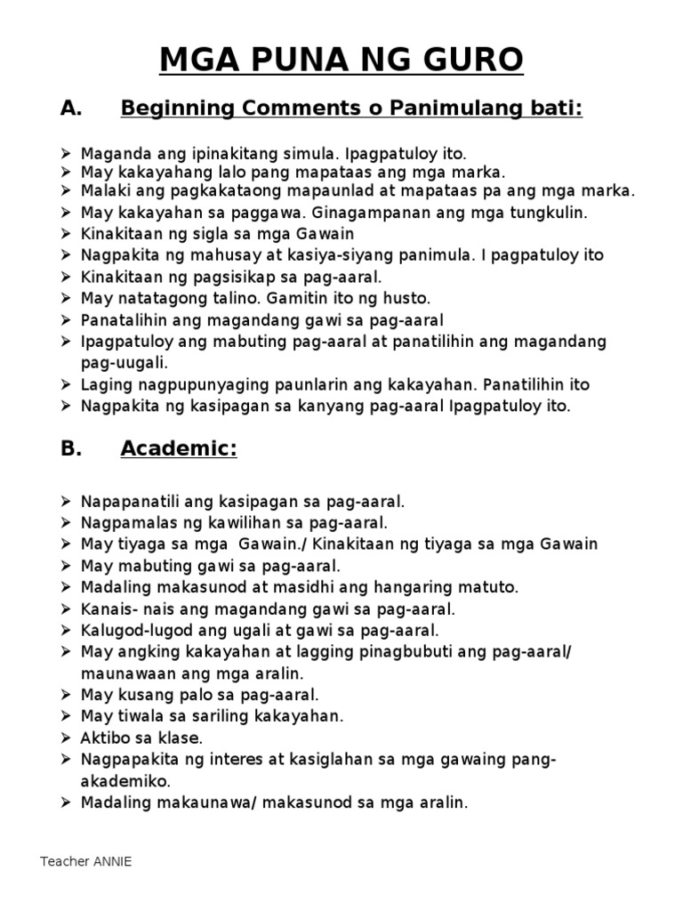 Mga Puna NG Guro | PDF