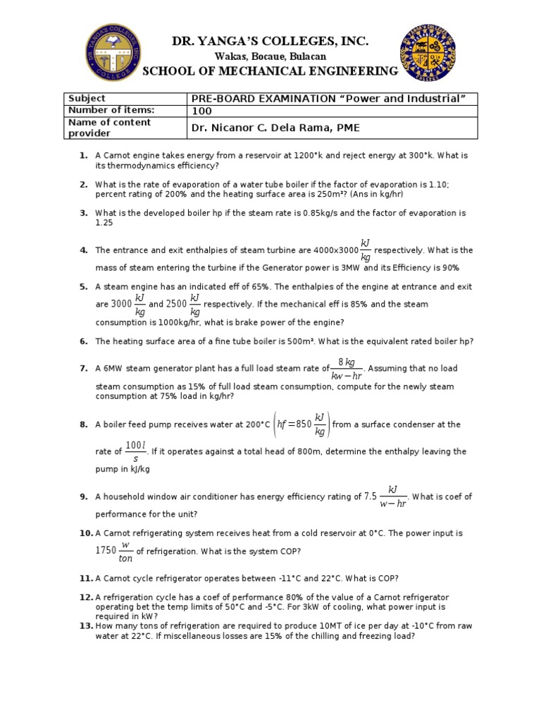 COMPRE EXAM Power and Industrial No Choices | PDF | Diesel Engine | Engines