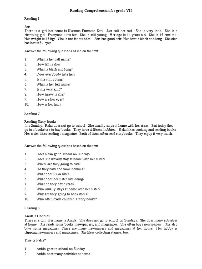 Reading Comprehension Untuk SD | PDF | Room | Books