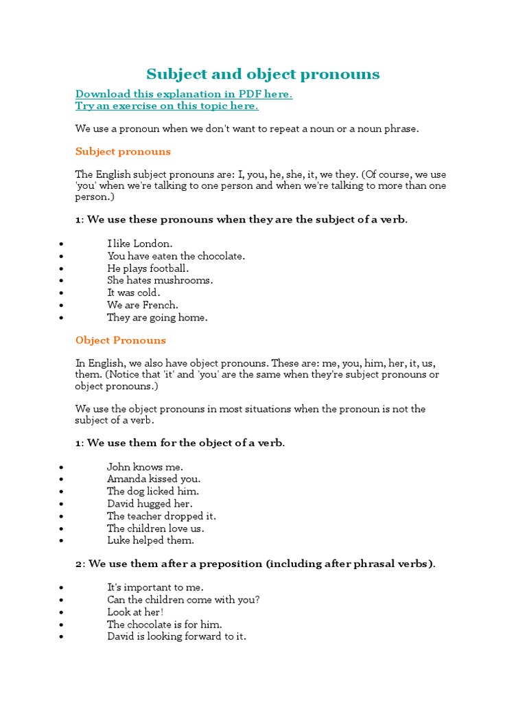 Subject and Object Pronouns | PDF | Object (Grammar) | Pronoun