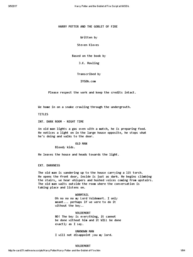 Harry Potter and The Goblet of Fire Script at IMSDb | PDF | Harry Potter | J. K. Rowling