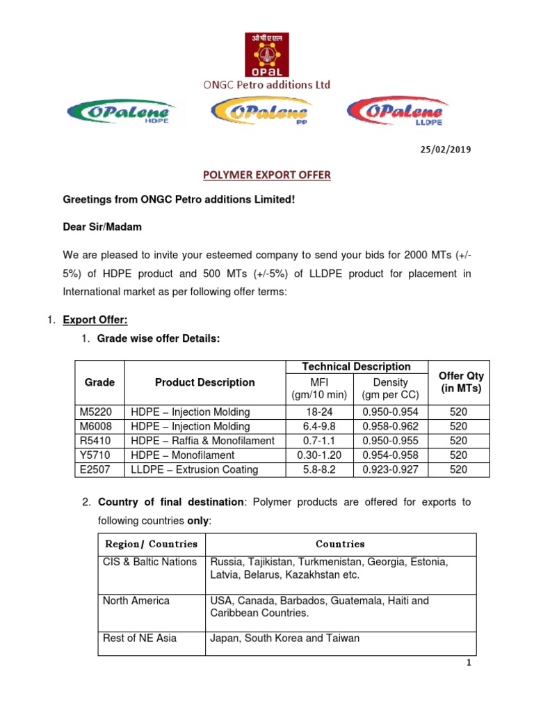 A1 Polymer Export Offer | PDF | Cargo | Bill Of Lading