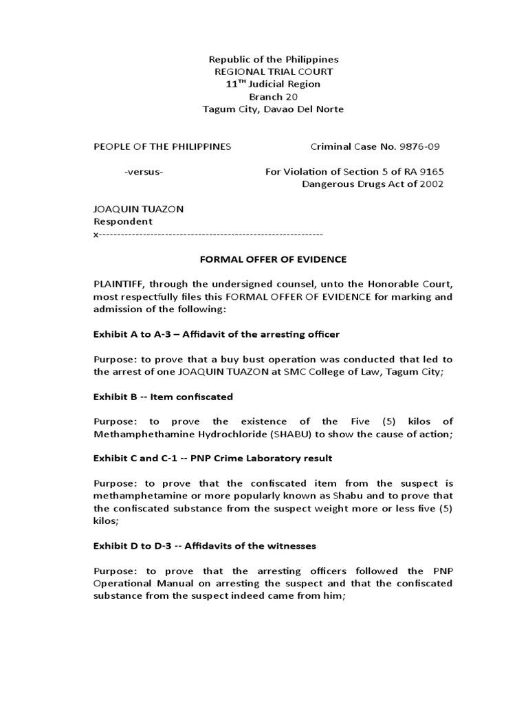 Formal Offer of Evidence in Drug Case | PDF | Prosecutor | Evidence