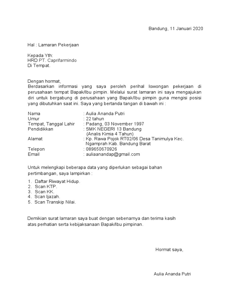 Lamaran Pekerjaan Aulia Ananda Putri | PDF