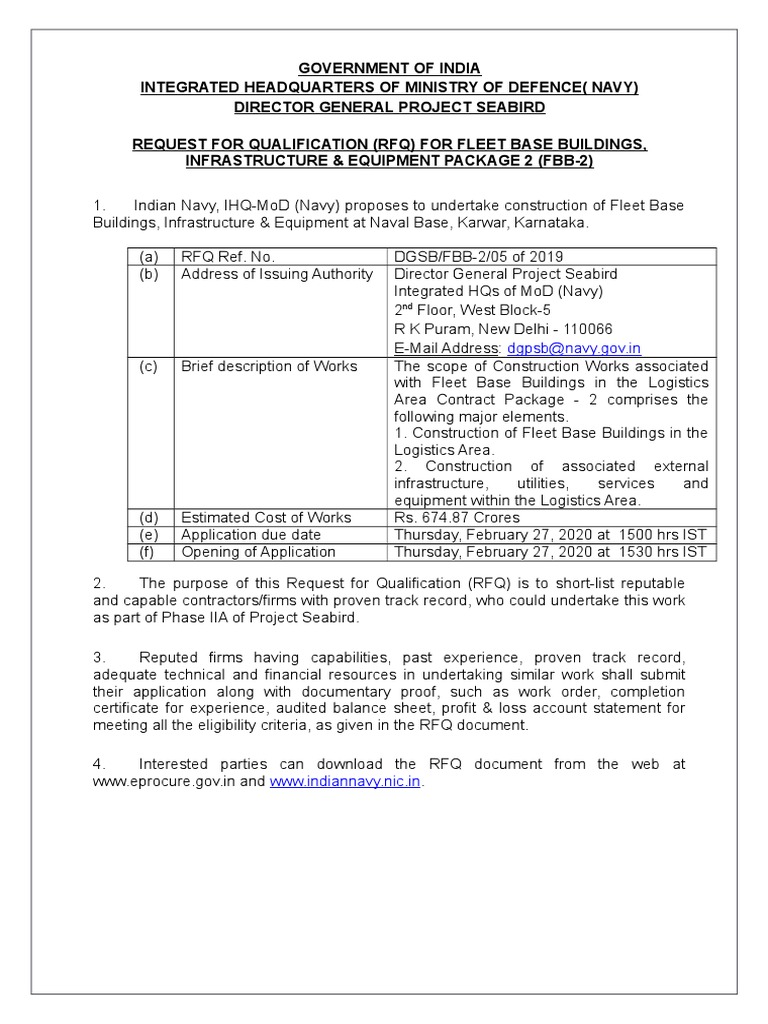 RFQ for Karwar Naval Base Construction | PDF | Economies | Business