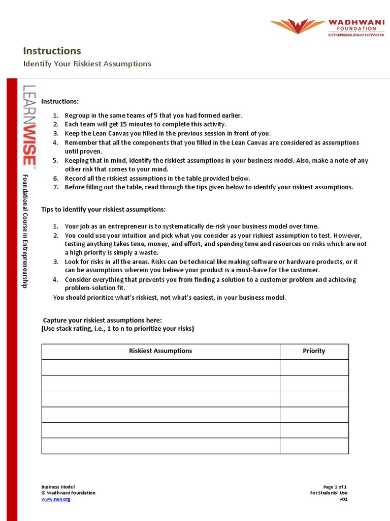 Lesson 4 - Activity - Identifying Your Riskiest Assumptions | PDF ...