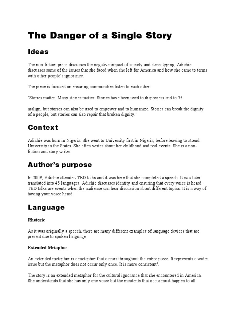 The Danger of A Single Story | PDF