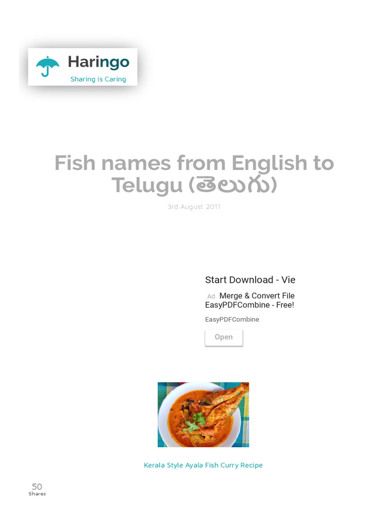 Fish names from English to Telugu (తెలుగు) - Haringo PDF | PDF | Fish ...