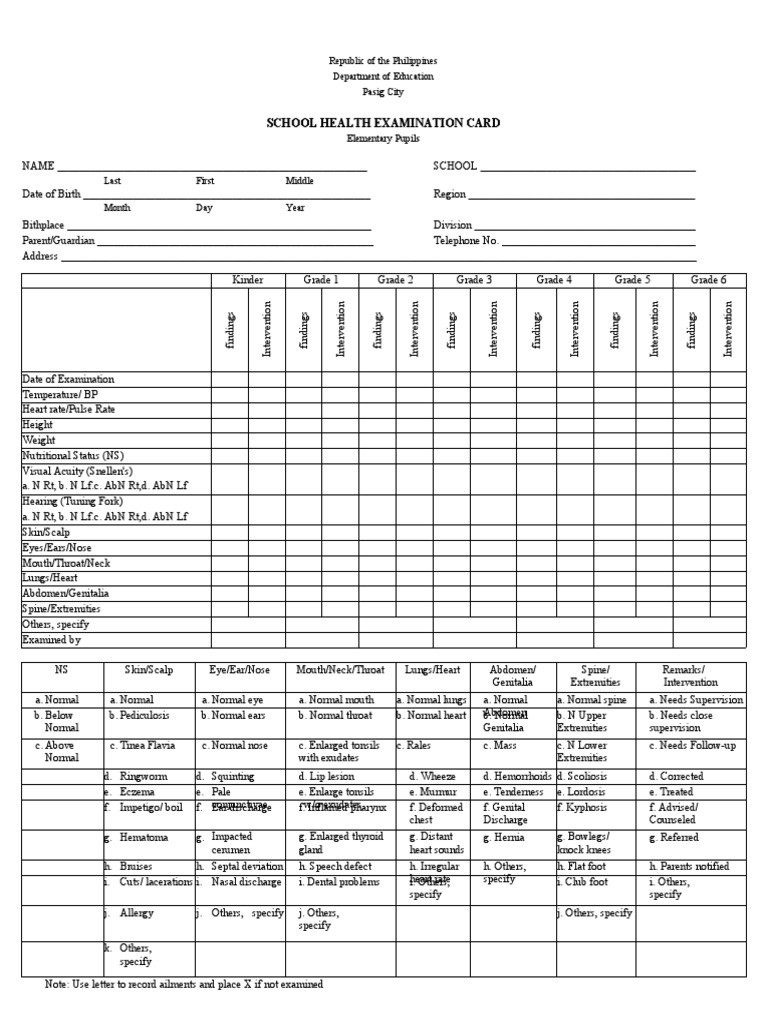Health Examination Form For Pupils | PDF | Medical Specialties ...