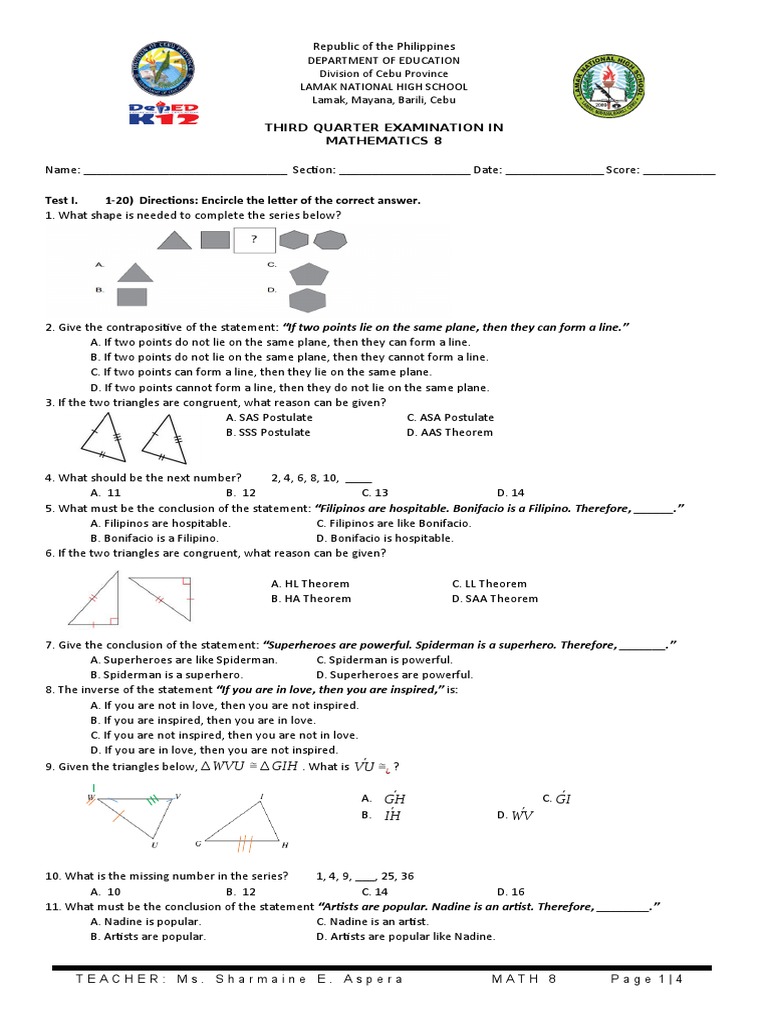 Math 8 Third Quarter Exam | PDF | Classical Geometry | Euclid
