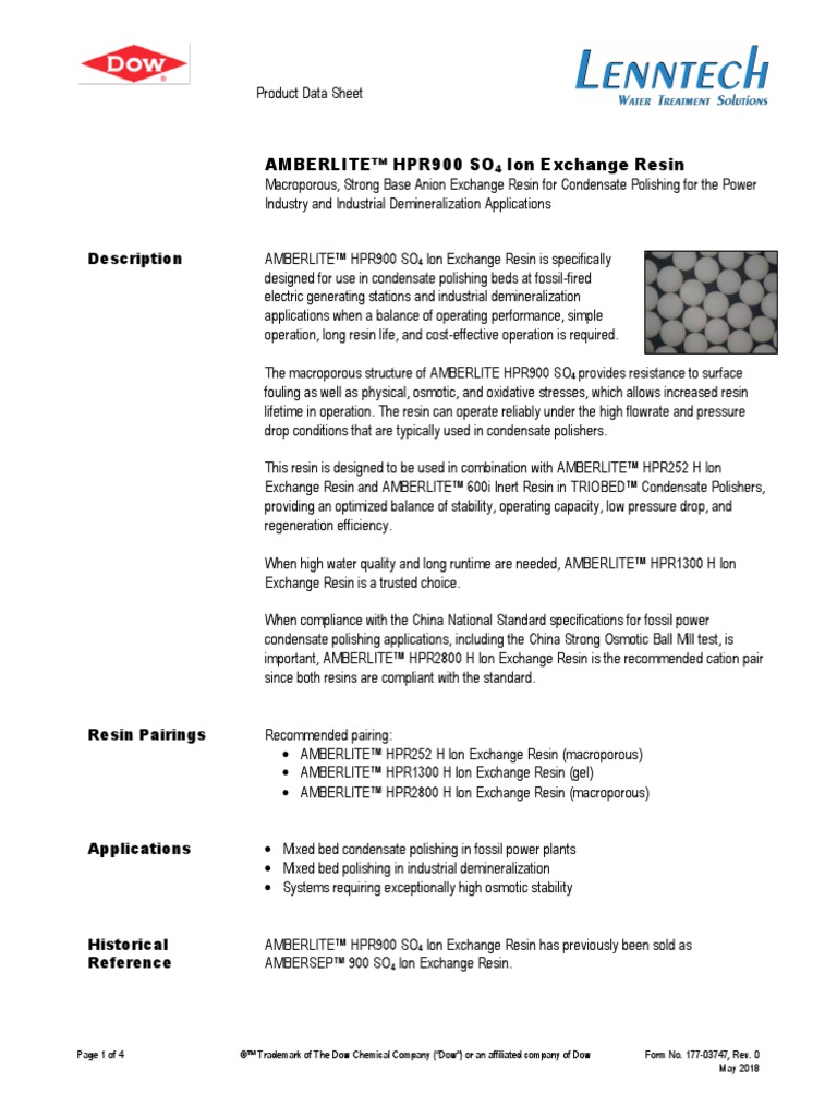 Dow 177 03747 HPR900 So4 L | PDF | Ion Exchange | Dow Chemical Company