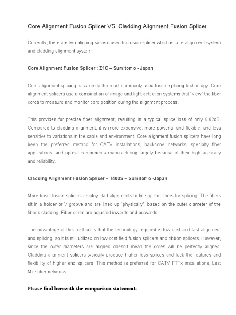 Core Alignment Fusion Splicer VS Clad Splicing Machine | PDF
