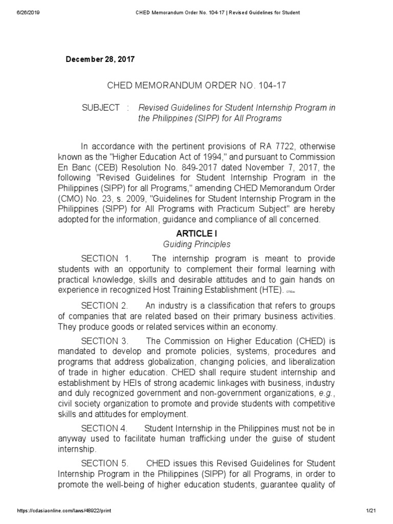 CHED Memorandum Order No. 104-17 Revised Guidelines For Student Internship Program in The ...