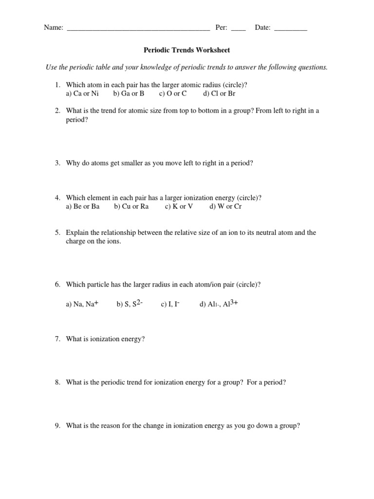 Periodic Trends Worksheet | PDF