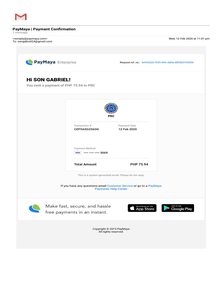 Gmail - PayMaya - Payment Confirmation PDF | PDF