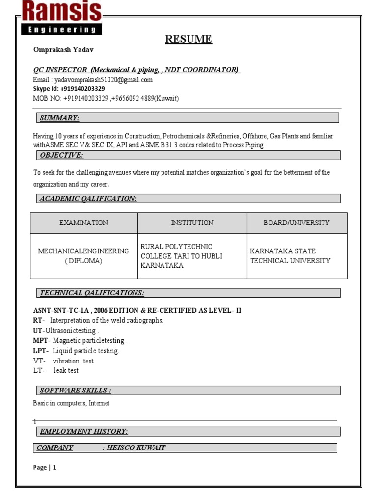 Piping QC Inspector Resume 2020 | PDF | Pipe (Fluid Conveyance ...
