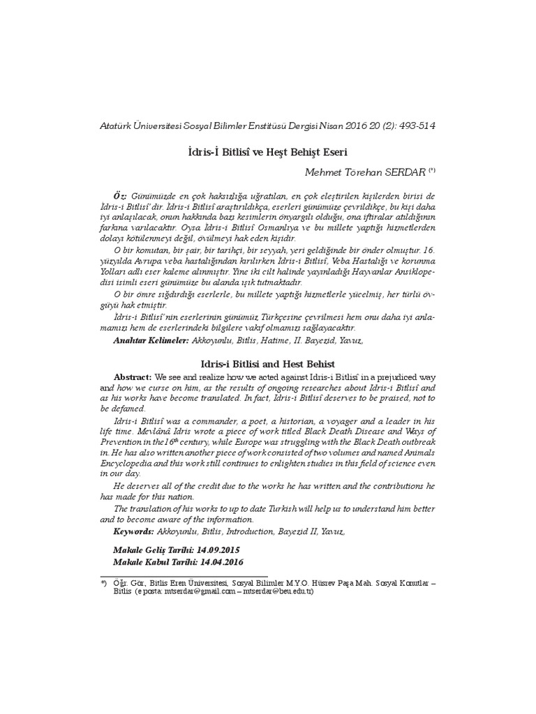 Idris-I Bitlisi and Hest Behist | PDF