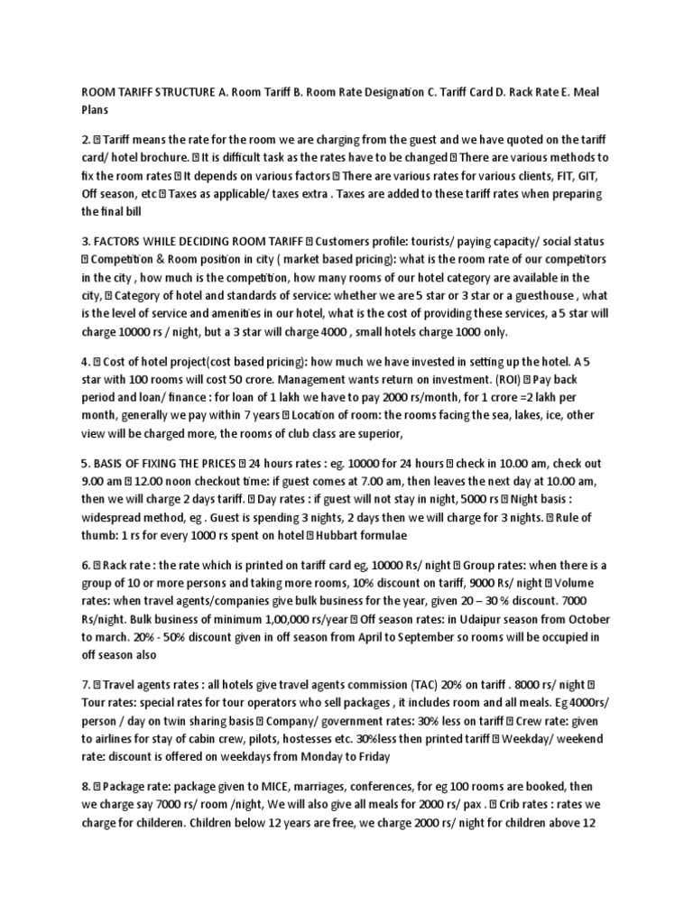 Room Tariff Structure A | PDF | Travel Agency | Hotel