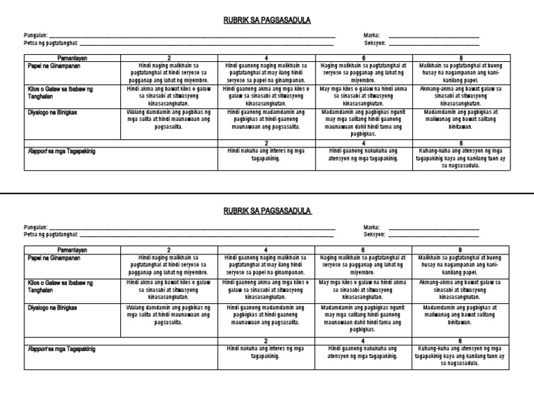 Rubrik Sa Pagsasadula | PDF
