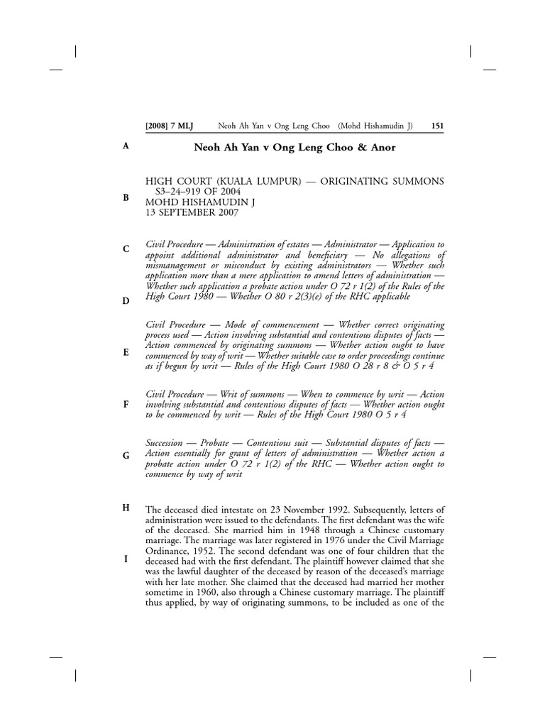 (HC) (2008) 7 MLJ 151 - Neoh Ah Yan V Ong Leng Choo & Anor | PDF ...