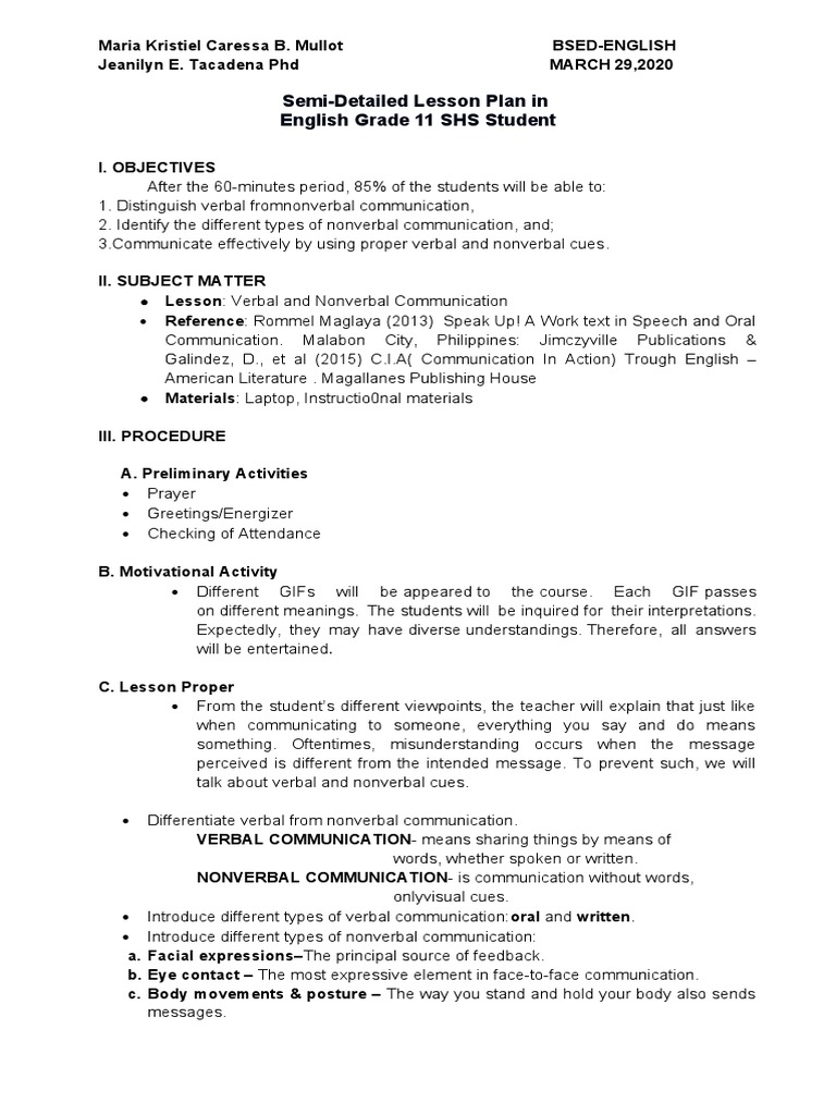 SEMI-DETAILED LESSON PLAN IN ENGLISH Ver | PDF | Nonverbal ...