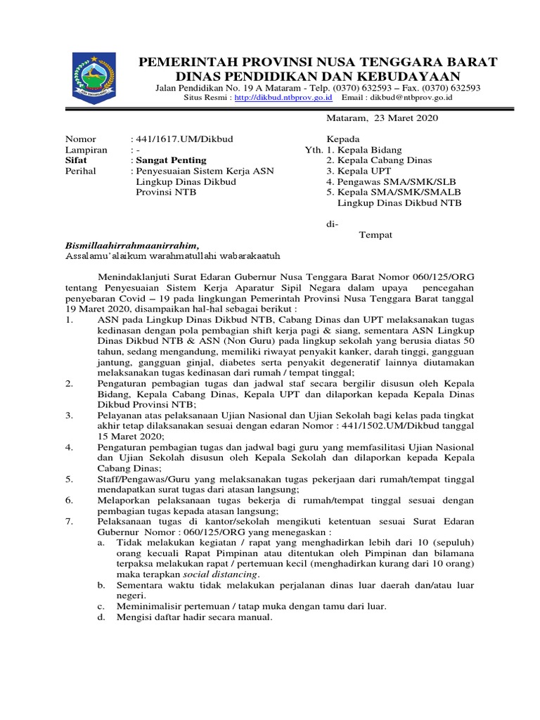 Surat Edaran Penyesuaian Sistem Kerja ASN Lingkup Dikbud NTB | PDF