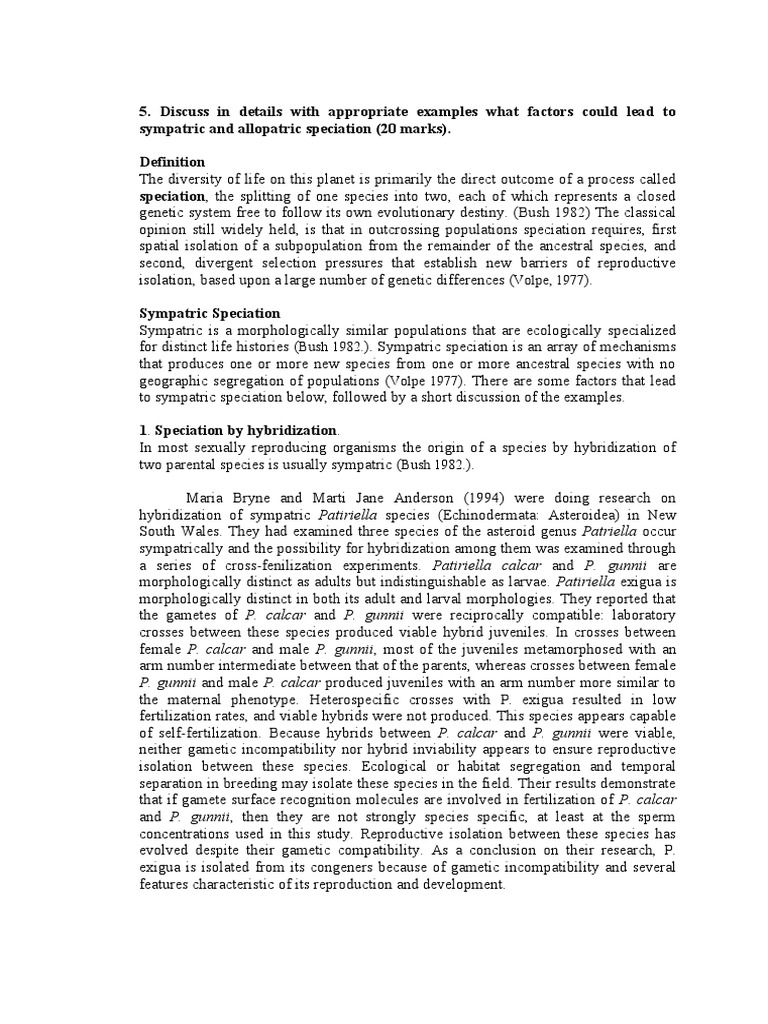 Sympatric vs Allopatric Speciation Factors | PDF | Species | Hybrid ...