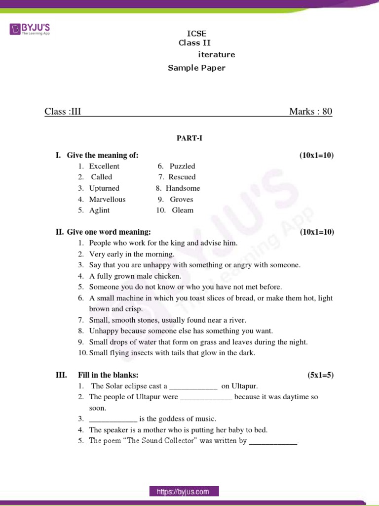 ICSE Class 3 English Literature Sample Paper PDF | PDF | Language Arts ...