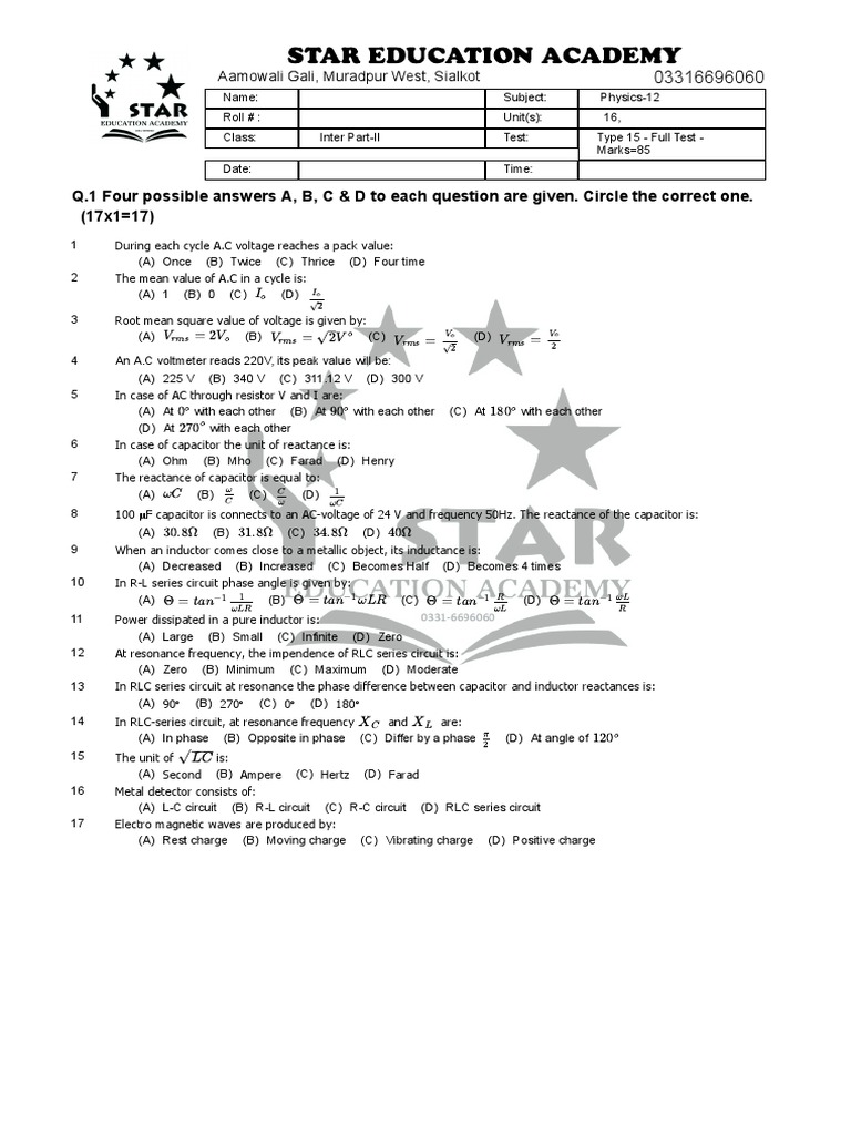 12th Phy ch#16 Test (SEA) PDF | PDF | Inductor | Electrical Impedance