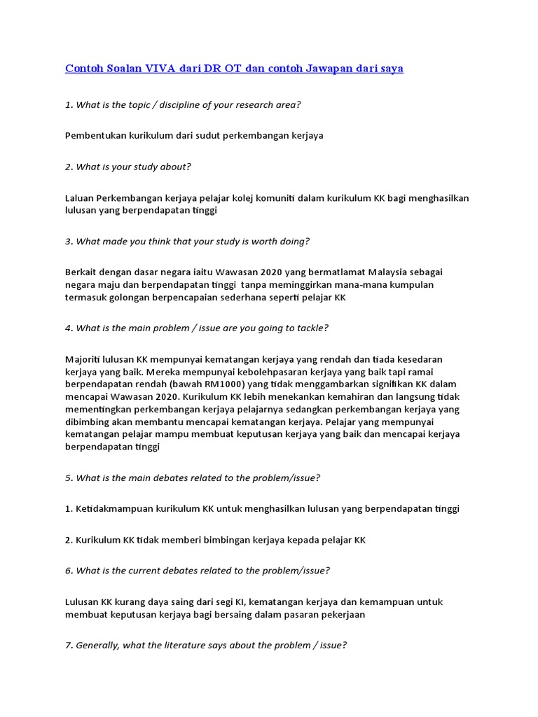 Contoh Soalan VIVA Dari DR OT Dan Contoh Jawapan Dari Saya | PDF