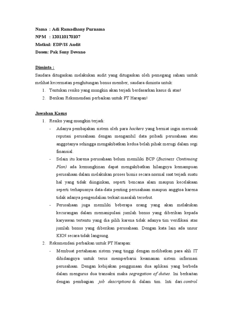 EDP/IS Audit - Adi R. Purnama | PDF | Karier & Perkembangan | Bisnis
