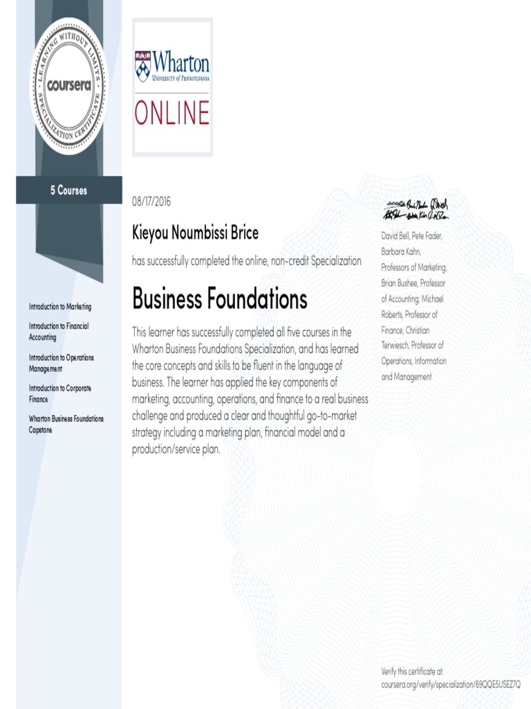 Wharton Business Foundations Certificate | PDF