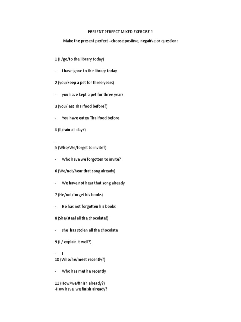 Present Perfect Mixed Exercise 1 | PDF