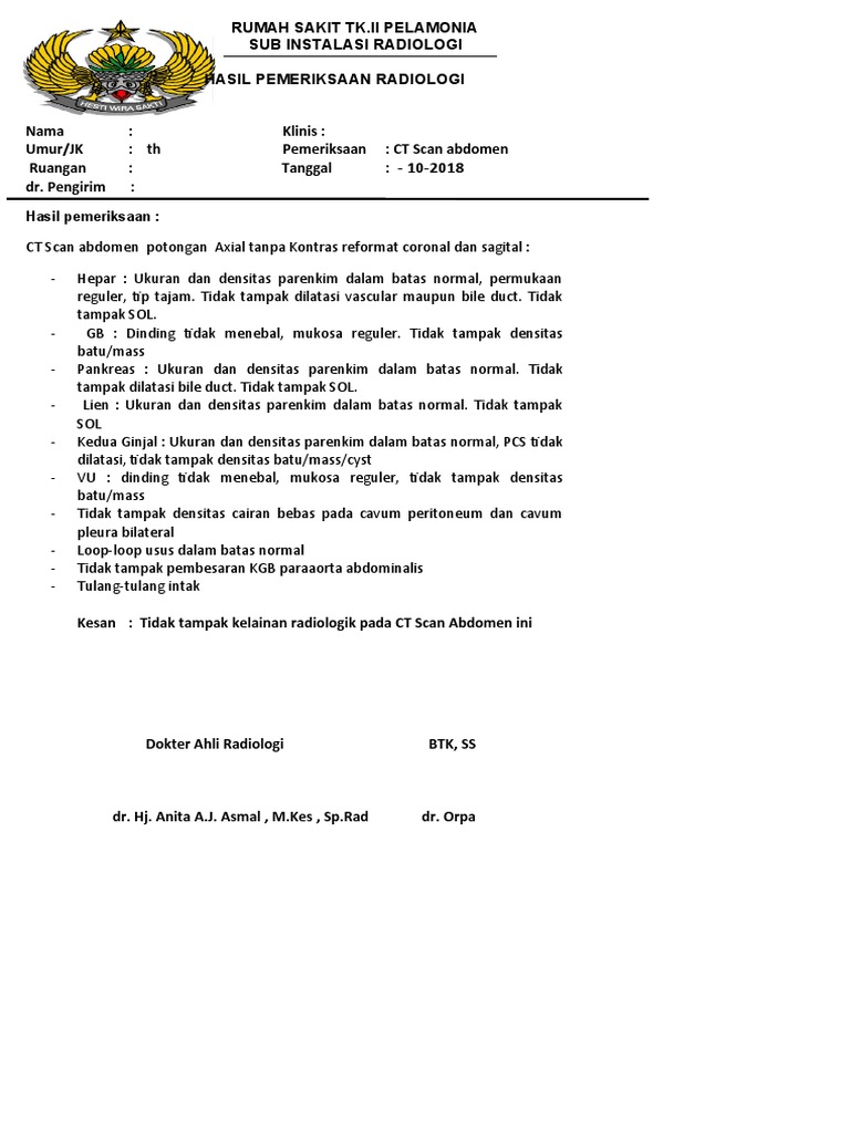 CT Scan Abdomen Potongan Axial Tanpa Kontras Reformat Coronal Dan ...