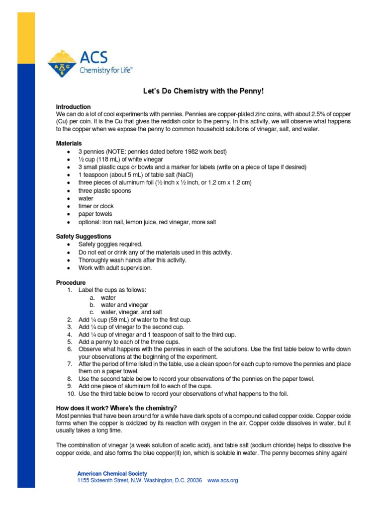 Observing Copper Chemistry: A Penny Experiment Using Household ...