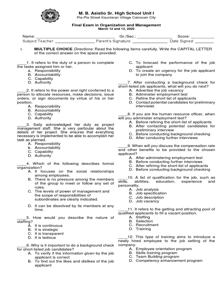 Organization and Management Exam 2020 | PDF | Performance Appraisal ...