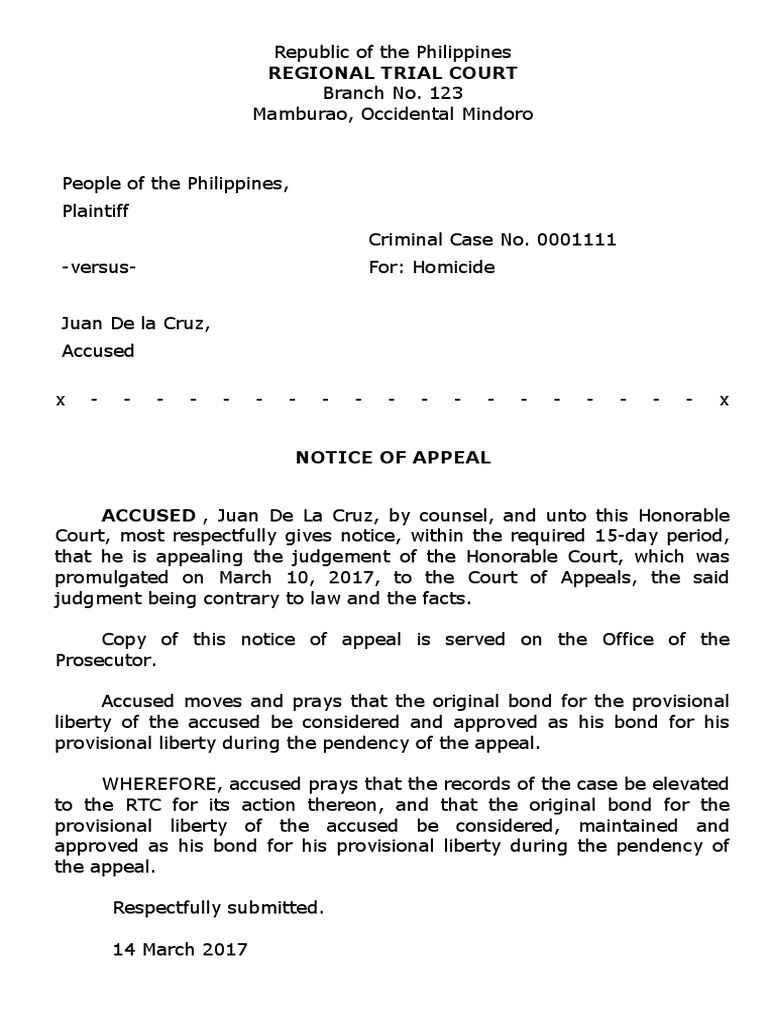 Notice of Appeal Criminal Case RTC To CA | PDF | Affidavit | Common Law
