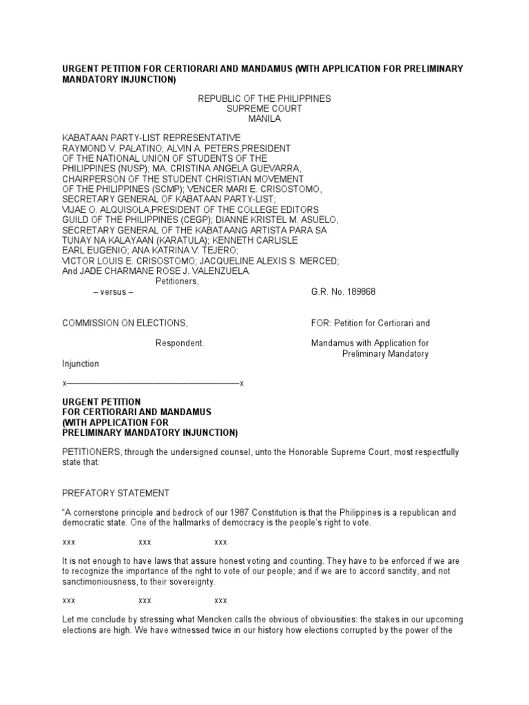 Sample - URGENT PETITION FOR CERTIORARI AND MANDAMUS | PDF | Writ | Article One Of The United ...