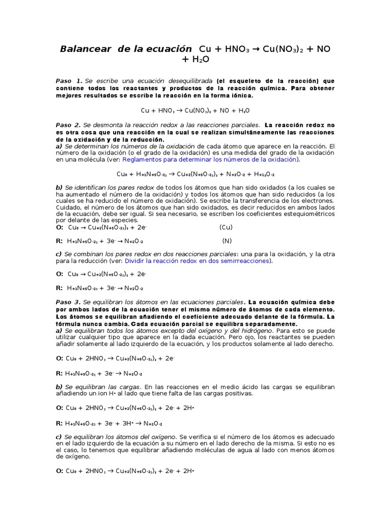 Balancear de La Ecuación Cu + HNO3 Cu (NO3) 2 + NO + H2O | PDF | Redox | Reacciones químicas